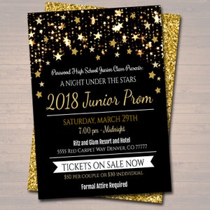 EDITABLE Prom Dance Invitation. Starry Night, Gold Glitter an Evening ...