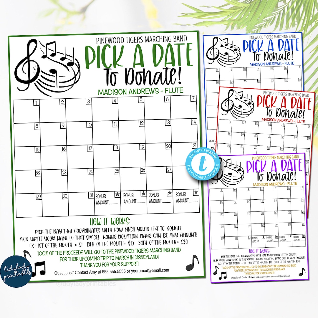 EDITABLE Music Pick a Date to Donate Printable, Marching Band ...