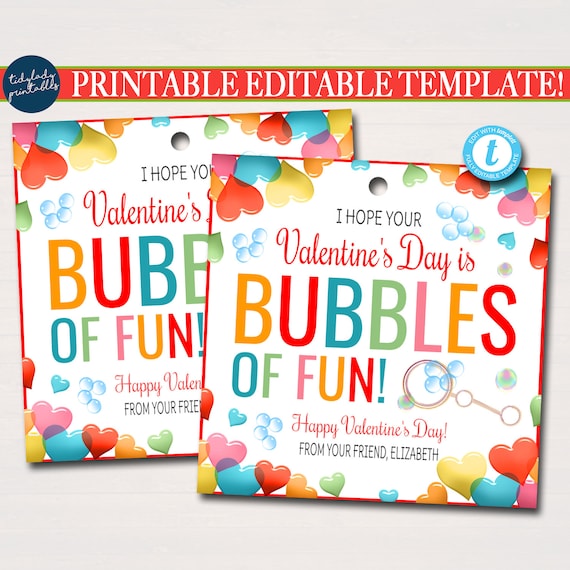 Valentines Bubbles Gift Tags, Bubbles of Fun Kids Friend Classroom ...