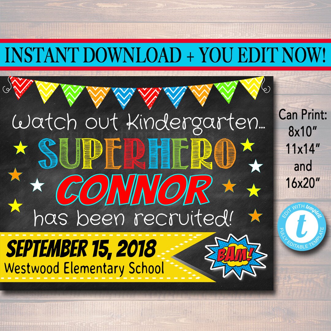 EDITABLE Superhero Back to School Photo Prop Back School Chalkboard ...