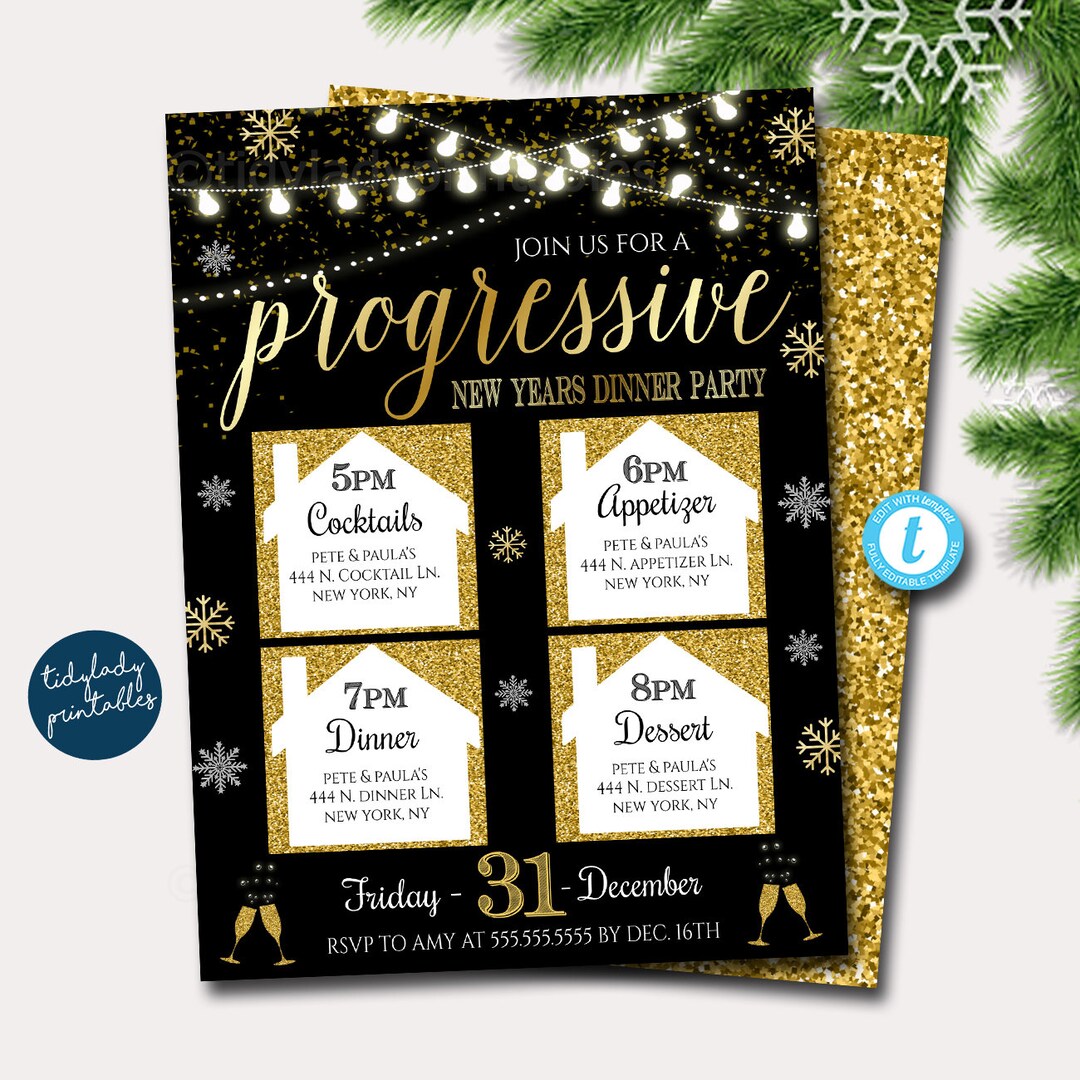 Editable New Years Progressive Dinner Party Invitation, Holiday Potluck ...