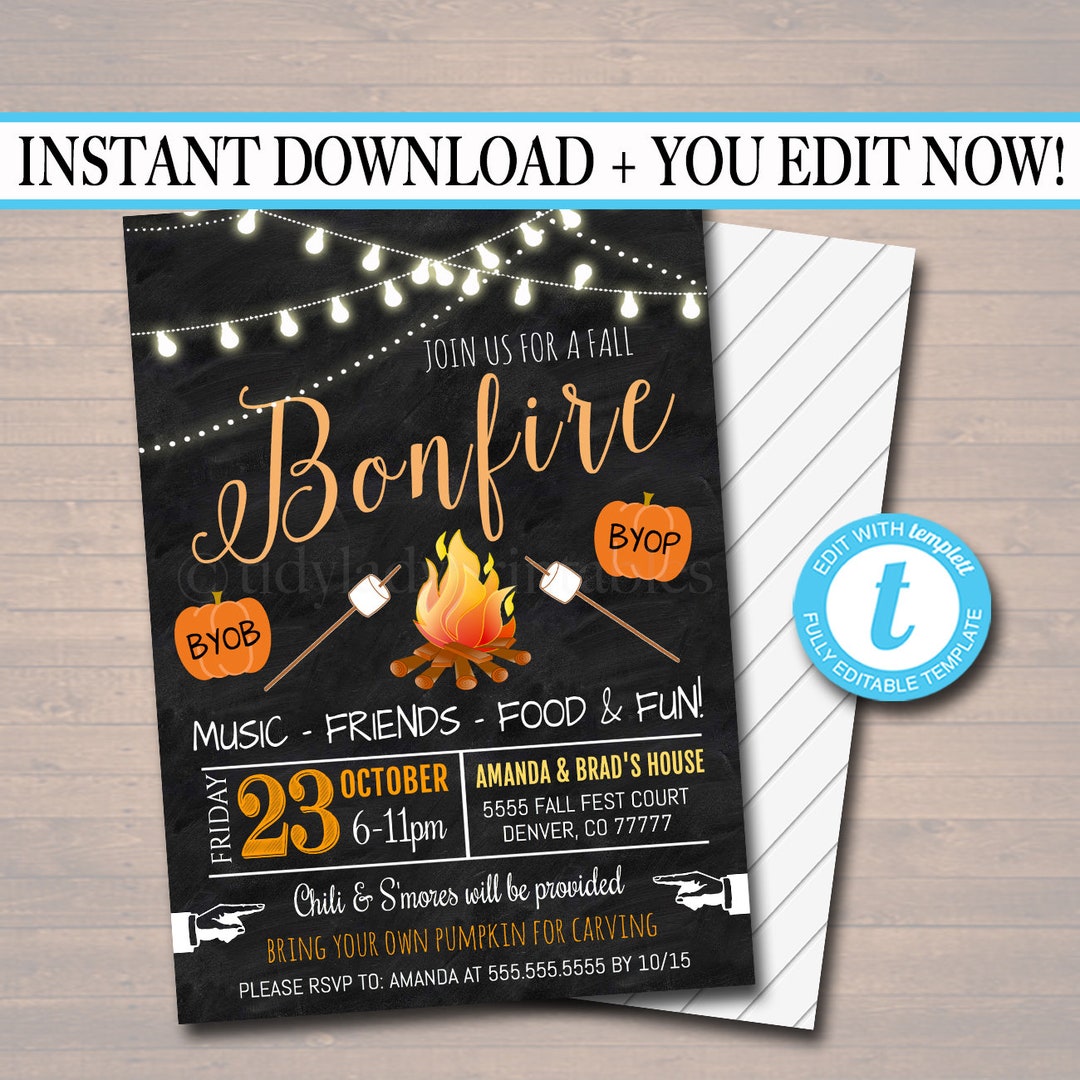 Fall Harvest Bonfire Invitation, Family Picnic, BBQ Invite, EDITABLE ...