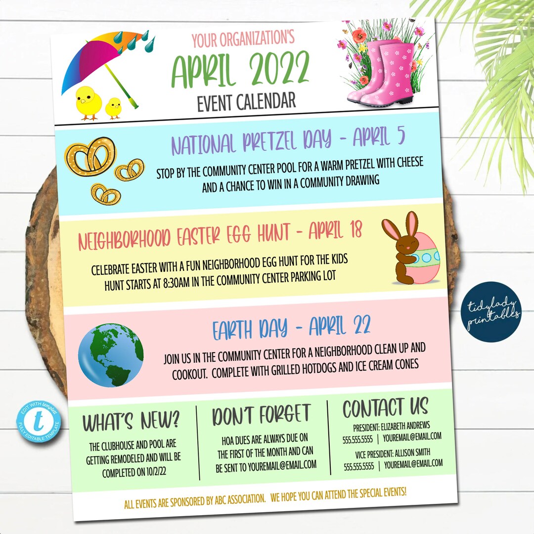 April Events Newsletter Flyer, School Pto Pta Printable, Spring HOA ...