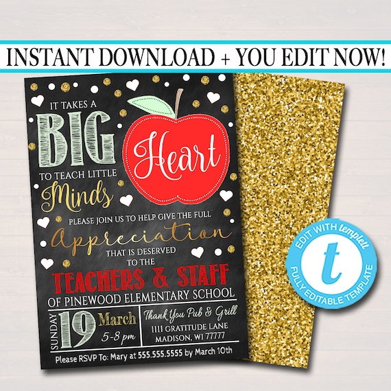 Editable Teacher Appreciation Staff Invitation, Chalkboard Printable ...
