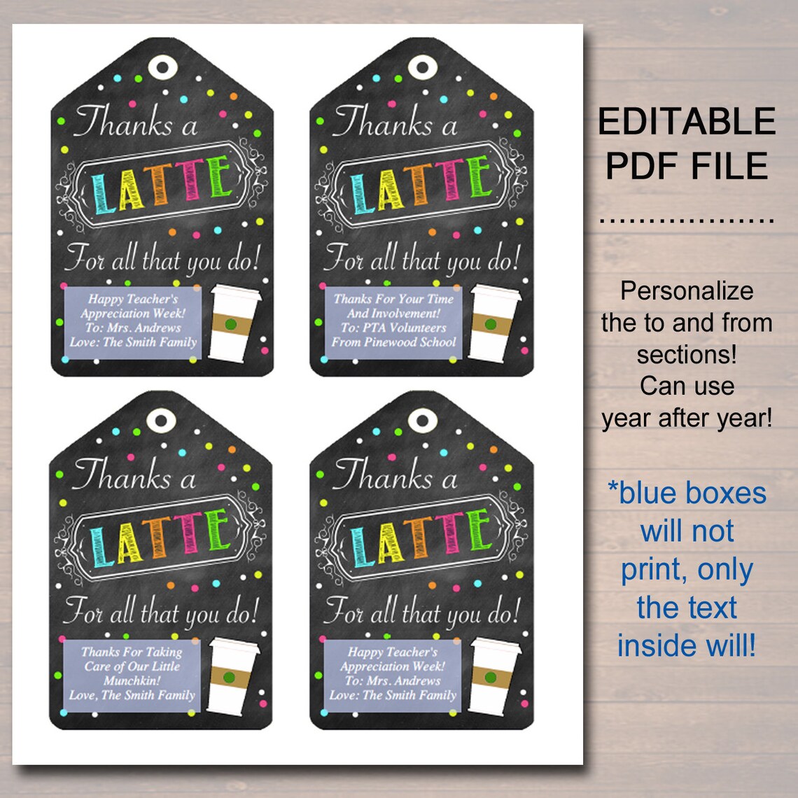 EDITABLE Coffee Gift Tags Staff Teacher Volunteer Appreciation - Etsy