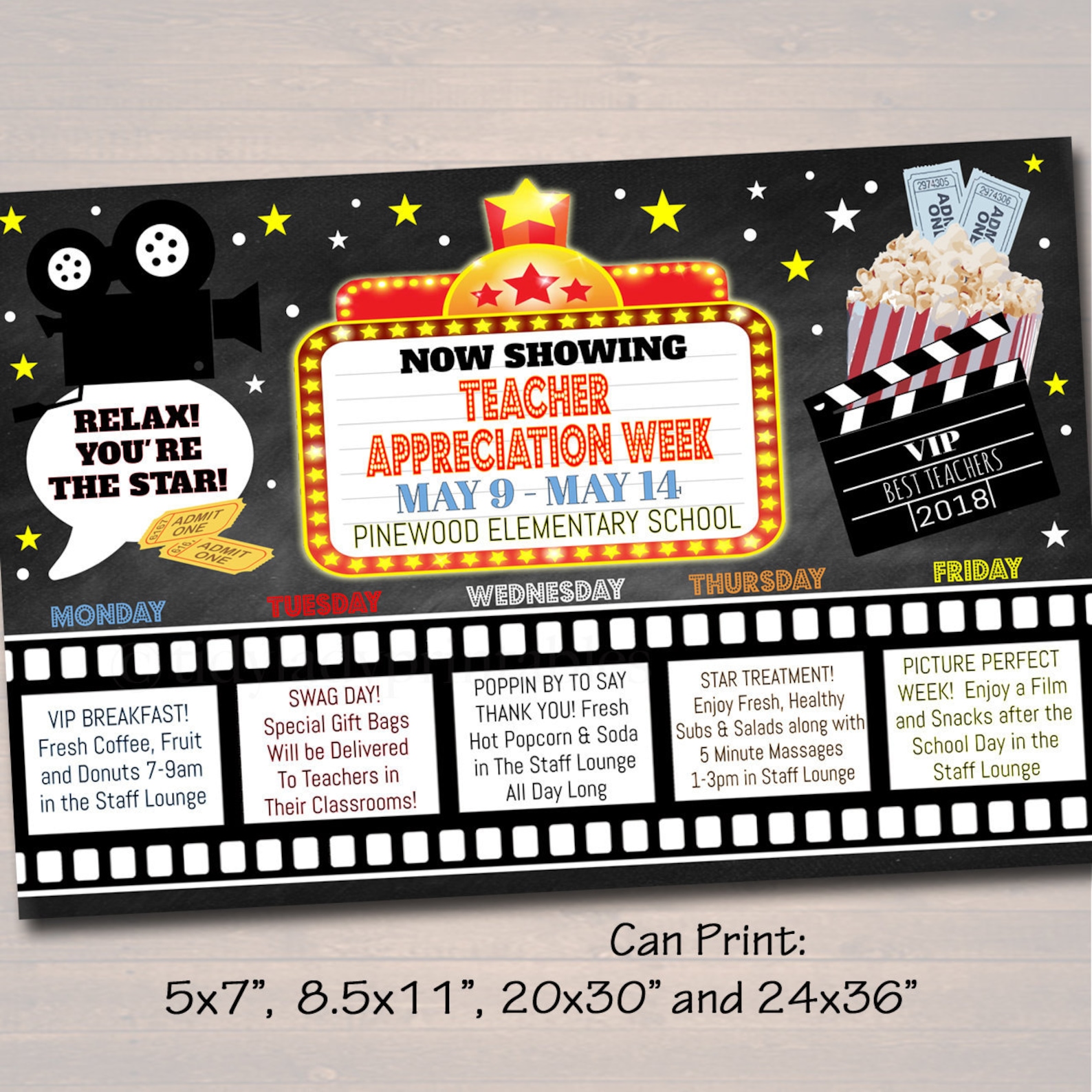 Editable Movie Theme Teacher Appreciation Week Itinerary Poster, Staff ...