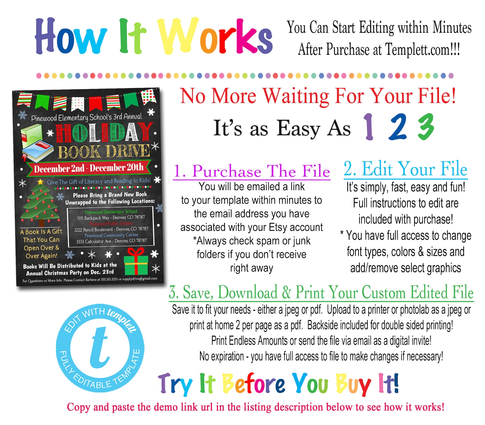 EDITABLE Holiday Book Drive Flyer Printable PTA PTO Flyer - Etsy