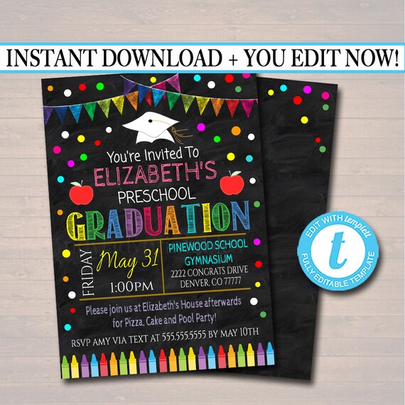 Editable Graduation Invitation Chalkboard Printable Kindergarten