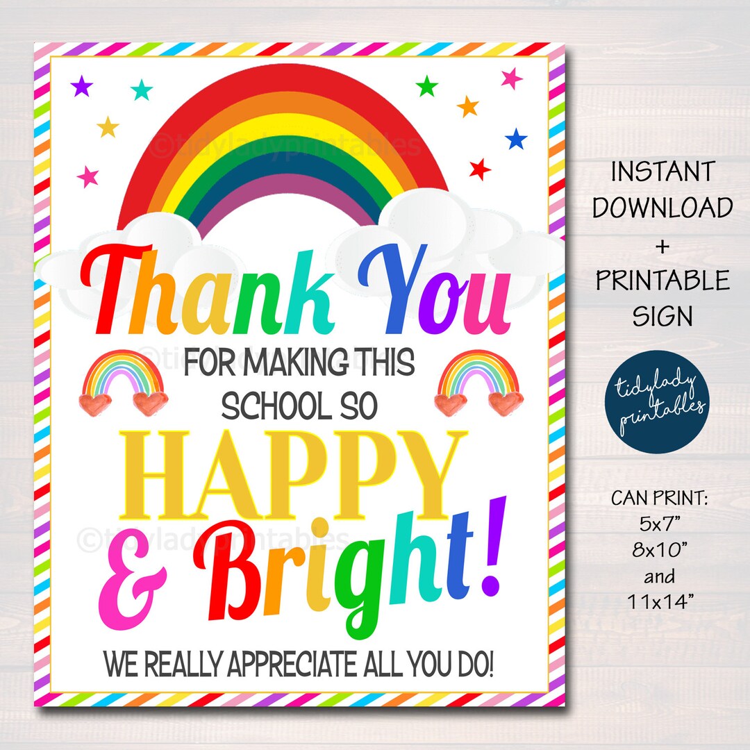 Rainbow Thank You Appreciation Sign, Staff Teacher Volunteer Thanks for ...