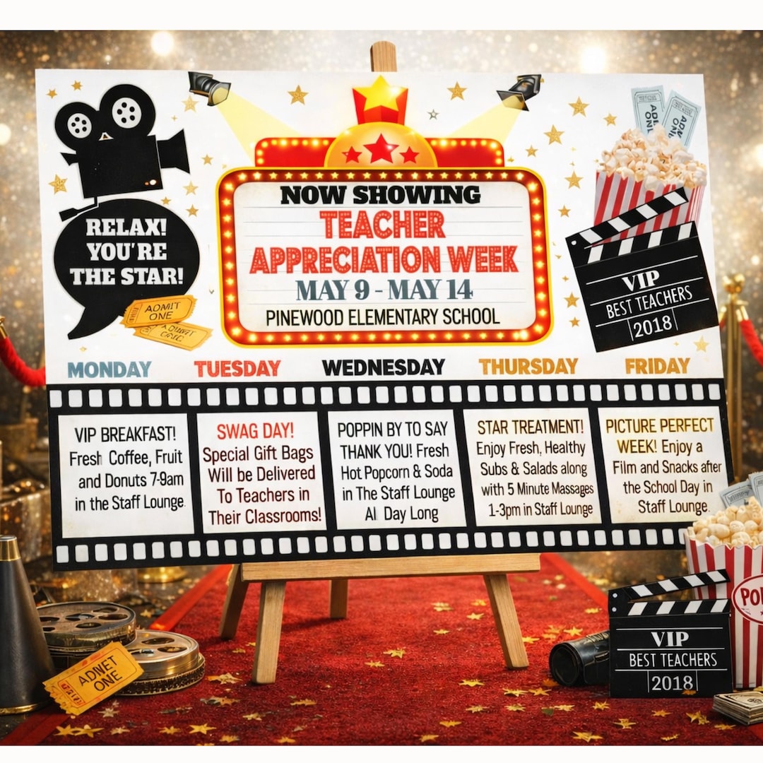 Editable Hollywood Theme Teacher Appreciation Week Itinerary, Staff Red ...