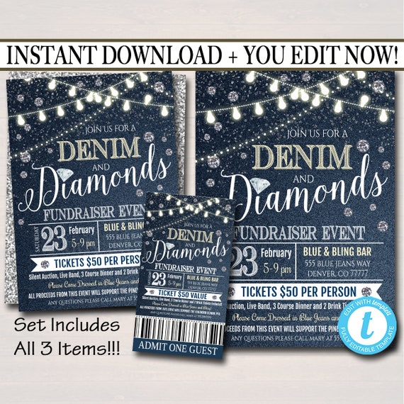 EDITABLE Denim and Diamonds Benefit Fundraiser Invitation/Flyer/Ticket ...