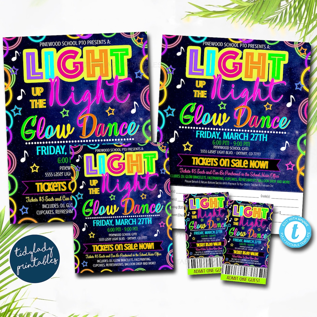 Light up the Night Glow Dance Set, Printable School Dance Flyer Party ...