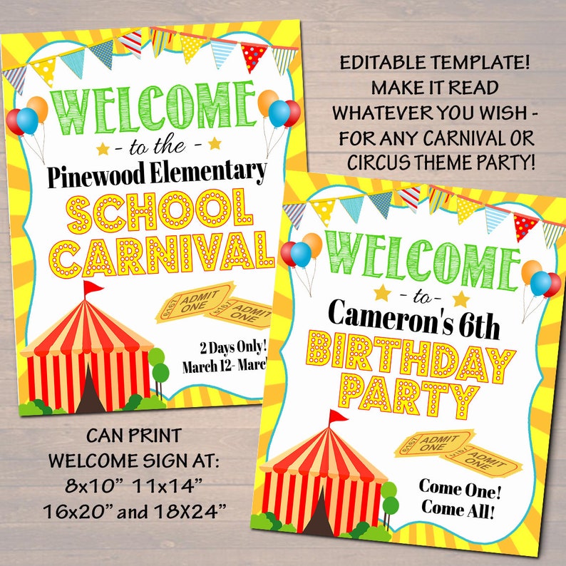 Editable School Carnival Signs: Circus Party Poster (digital Download ...