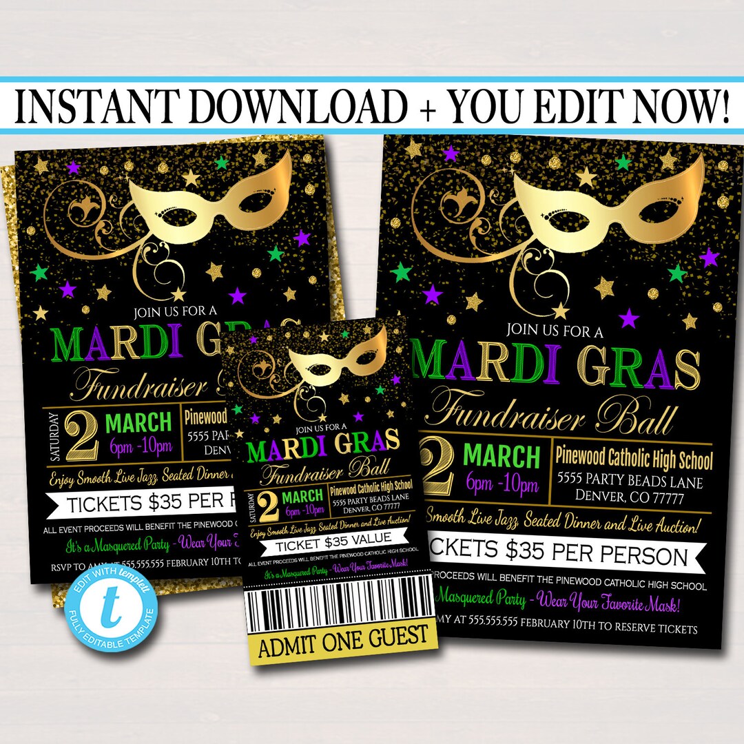EDITABLE Mardi Gras Fundraiser Set, Flyer Invitation Ticket Masquerade ...