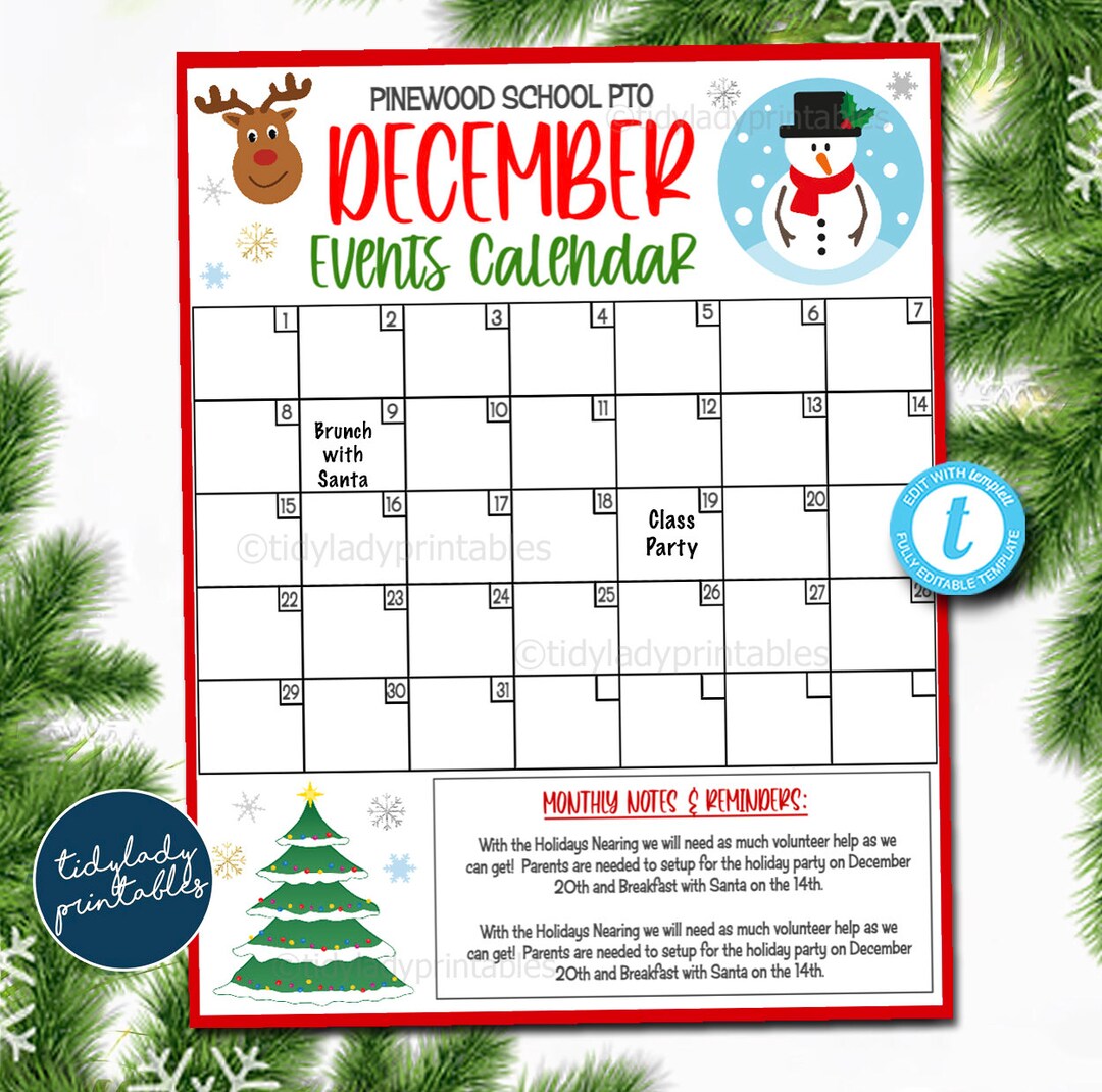 EDITABLE December Events Calendar, Thanksgiving PTO PTA Printable ...