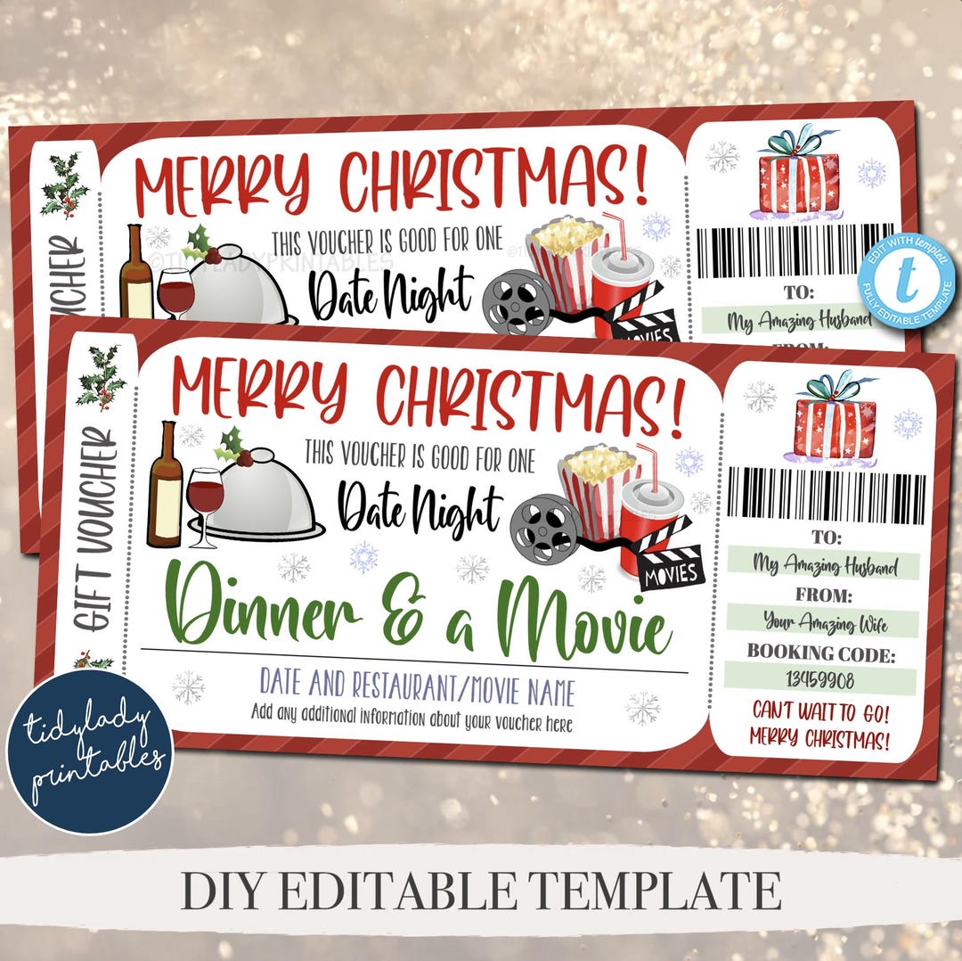 Christmas Dinner and Movie Ticket Voucher: Editable Date Night Gift ...