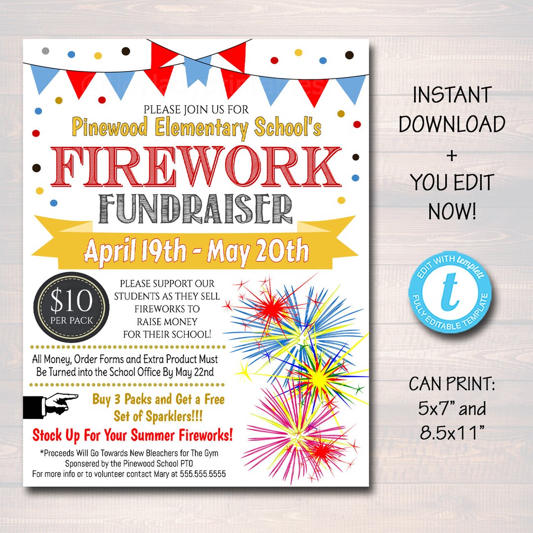 EDITABLE Firework Fundraiser Flyer Printable PTA, PTO, School Church ...