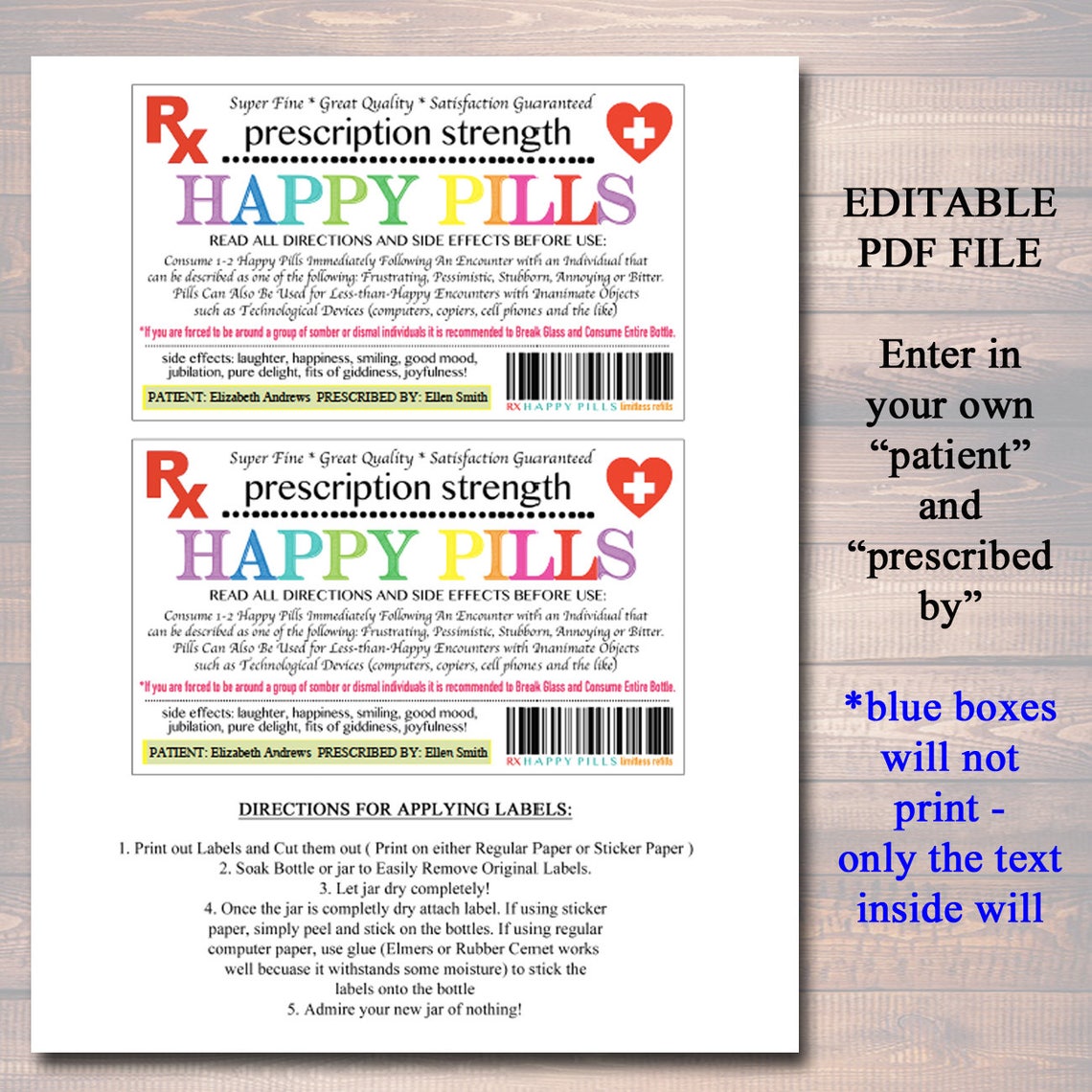 Editable Happy Pills Label: Funny Gag Gift Printable (PDF) - Etsy