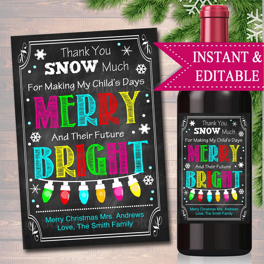 EDITABLE Teacher Gift, Christmas Wine Label INSTANT DOWNLOAD, Printable ...