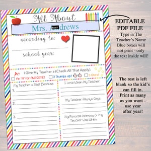 EDITABLE Teacher Gift, End of School Year About Me Page INSTANT ...