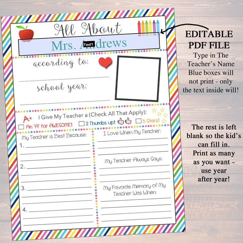 Editable About My Teacher Page: End of Year Gift (printable PDF) - Etsy
