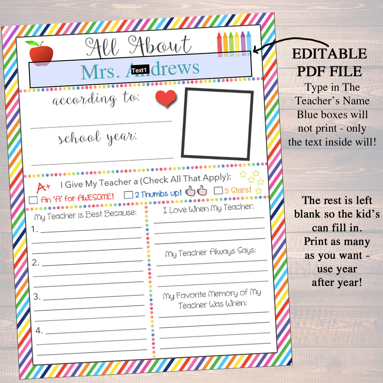 EDITABLE Teacher Gift End of School Year About Me Page - Etsy Canada