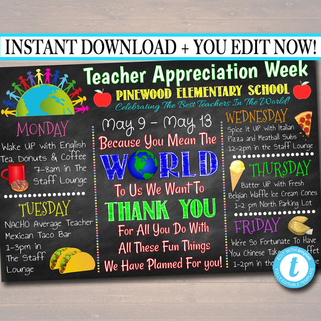 Editable World Theme Teacher Appreciation Week Itinerary Poster ...