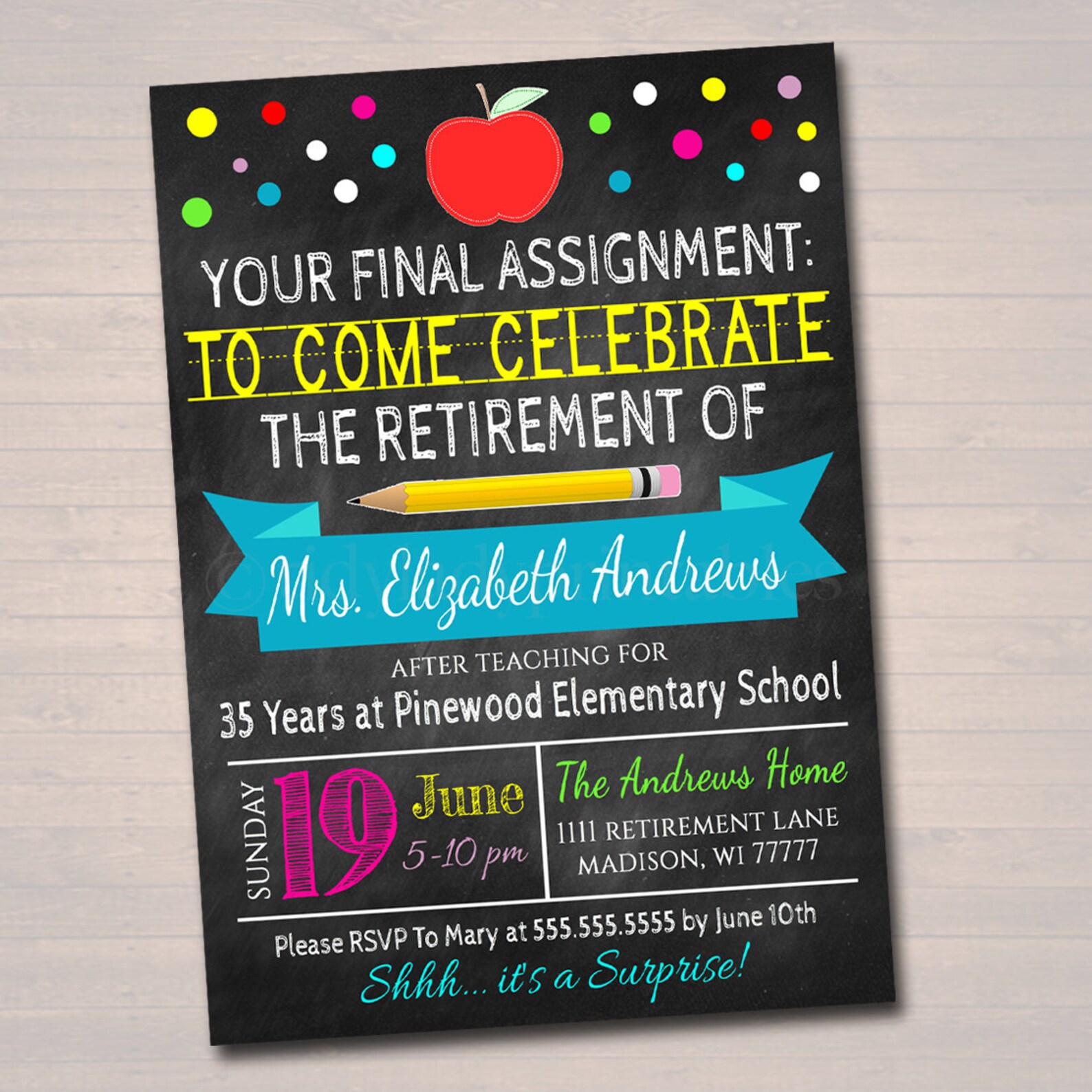 Editable Teacher Retirement Invitation Chalkboard Printable | Etsy