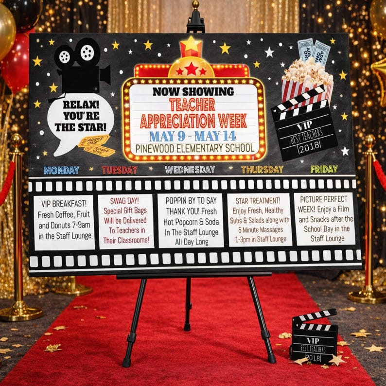 Editable Movie Theme Teacher Appreciation Week Itinerary Poster, Staff ...