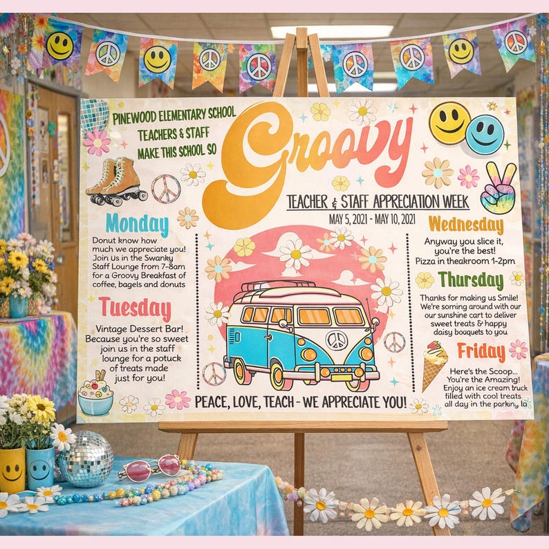 Groovy 60s 70s Theme Teacher Appreciation Week Itinerary, Peace Love ...