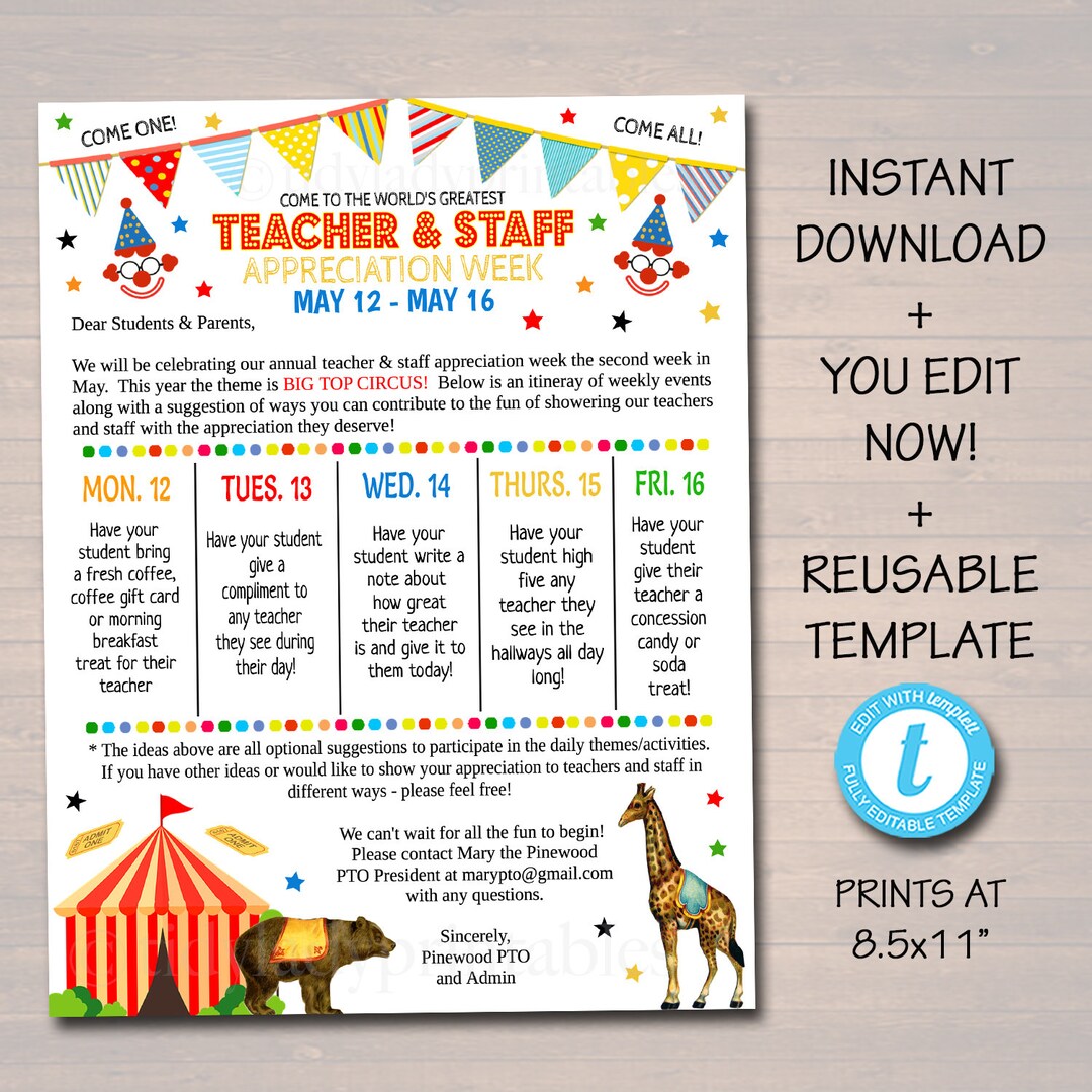 Editable Circus Theme Teacher Appreciation Big Top Invitation ...