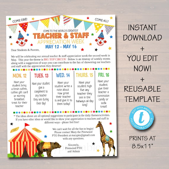 Editable Circus Theme Teacher Appreciation Big Top Invitation ...