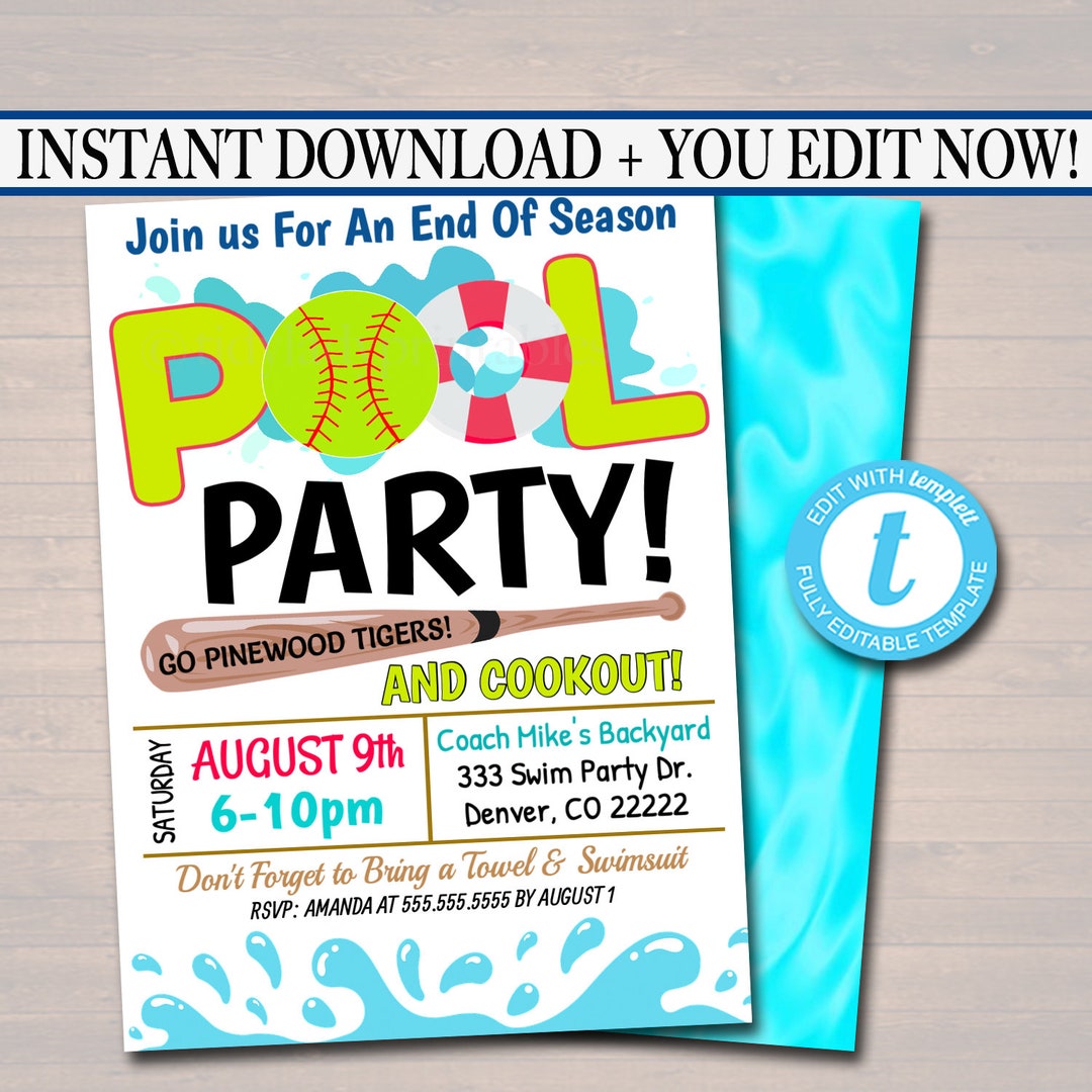 EDITABLE Summer Pool Softball Party Invitation, Printable Digital ...