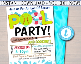 Pool Party Invite Softball - Etsy
