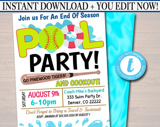 Editable Softball Party Invitation, Editable End of Season Softball ...