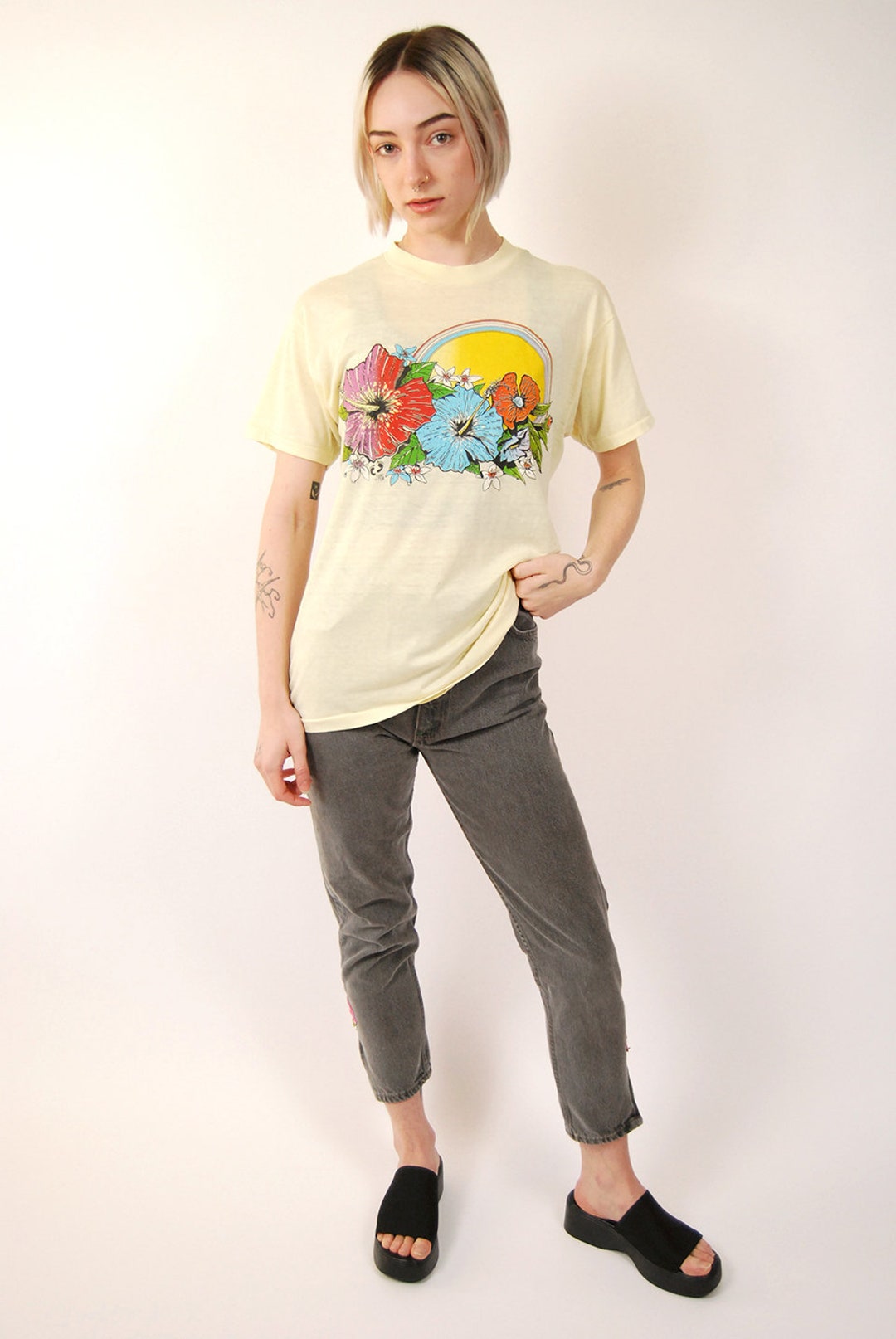 70s Hang Ten T-shirt L Yellow Vintage Surf Floral Men Women Large - Etsy