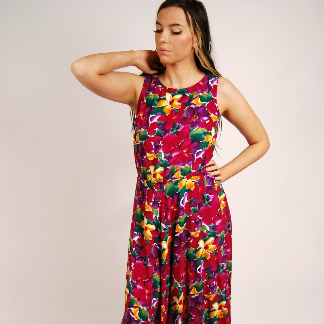 Magenta Floral Sundress (M) Vintage 80s Watercolor Spring Medium - Etsy