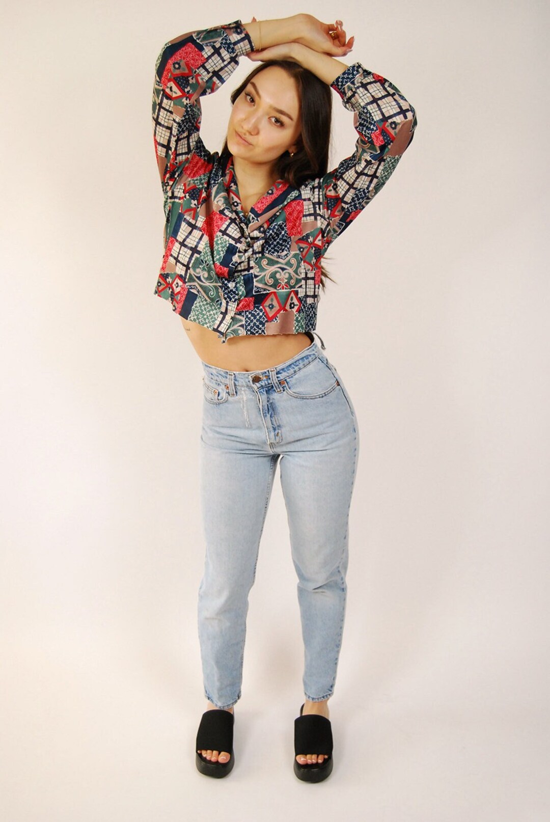 70s Crop Top (XL) Vintage Navy Blue Patchwork Print Large - Etsy