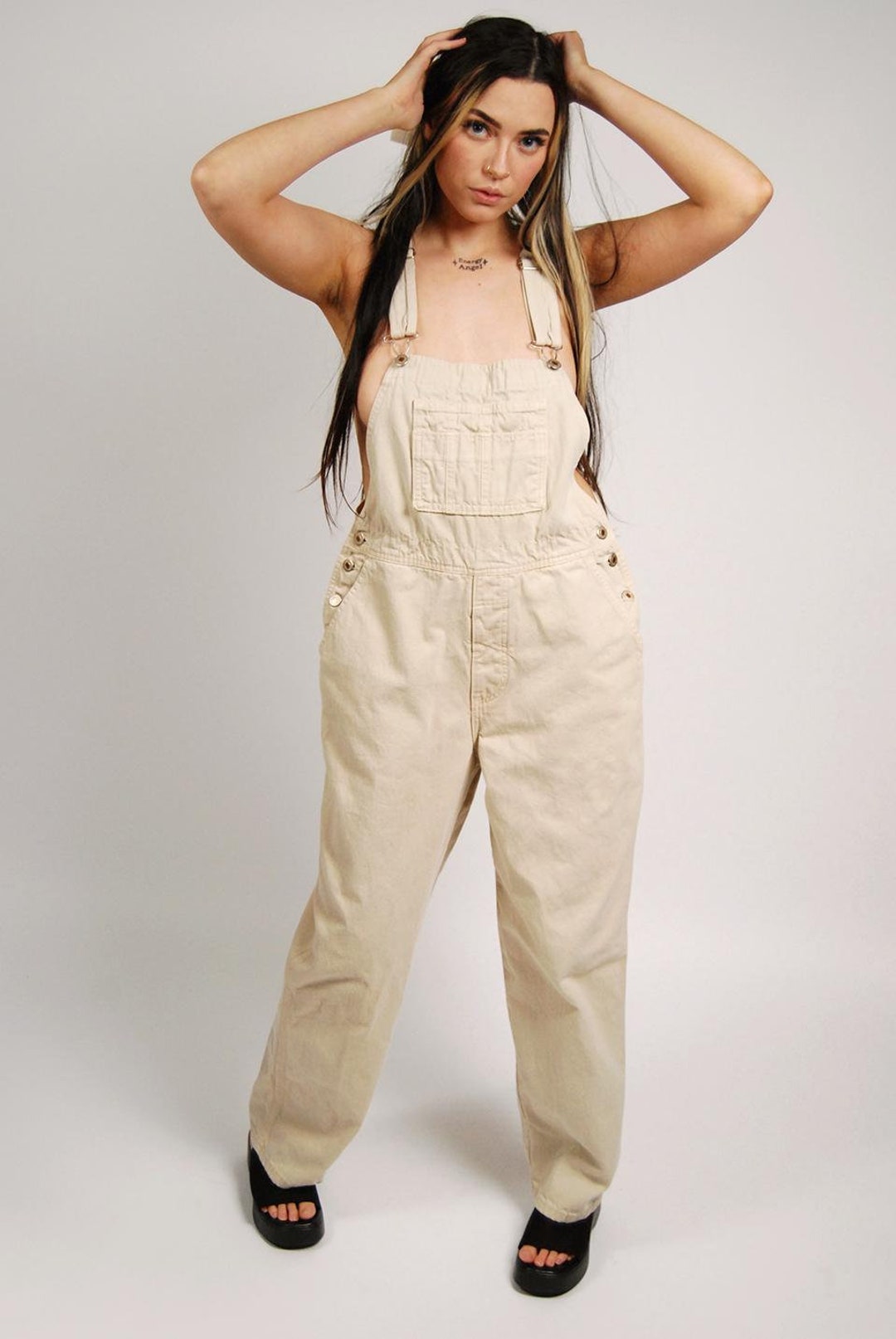 90s Denim Overalls L Vintage Beige Jean Women Large - Etsy