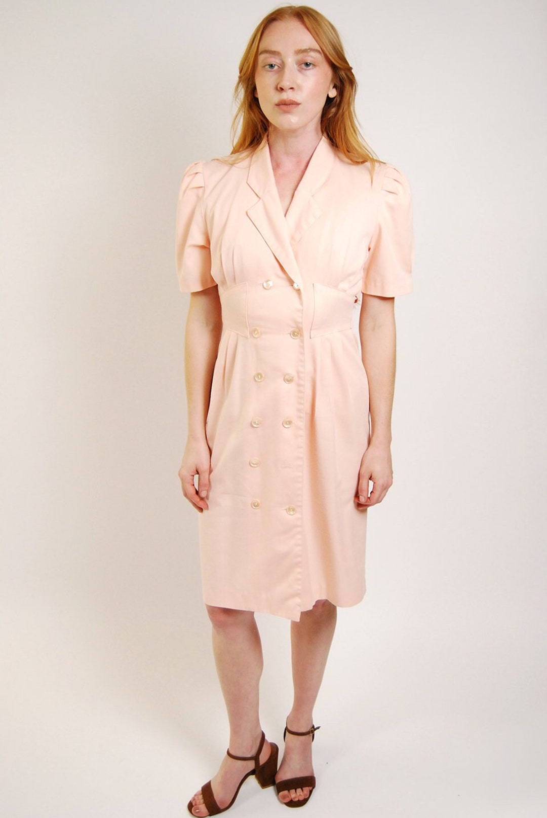 80s Peach Dress (S) Vintage Button up Pastel Work Pleated Midi Small ...