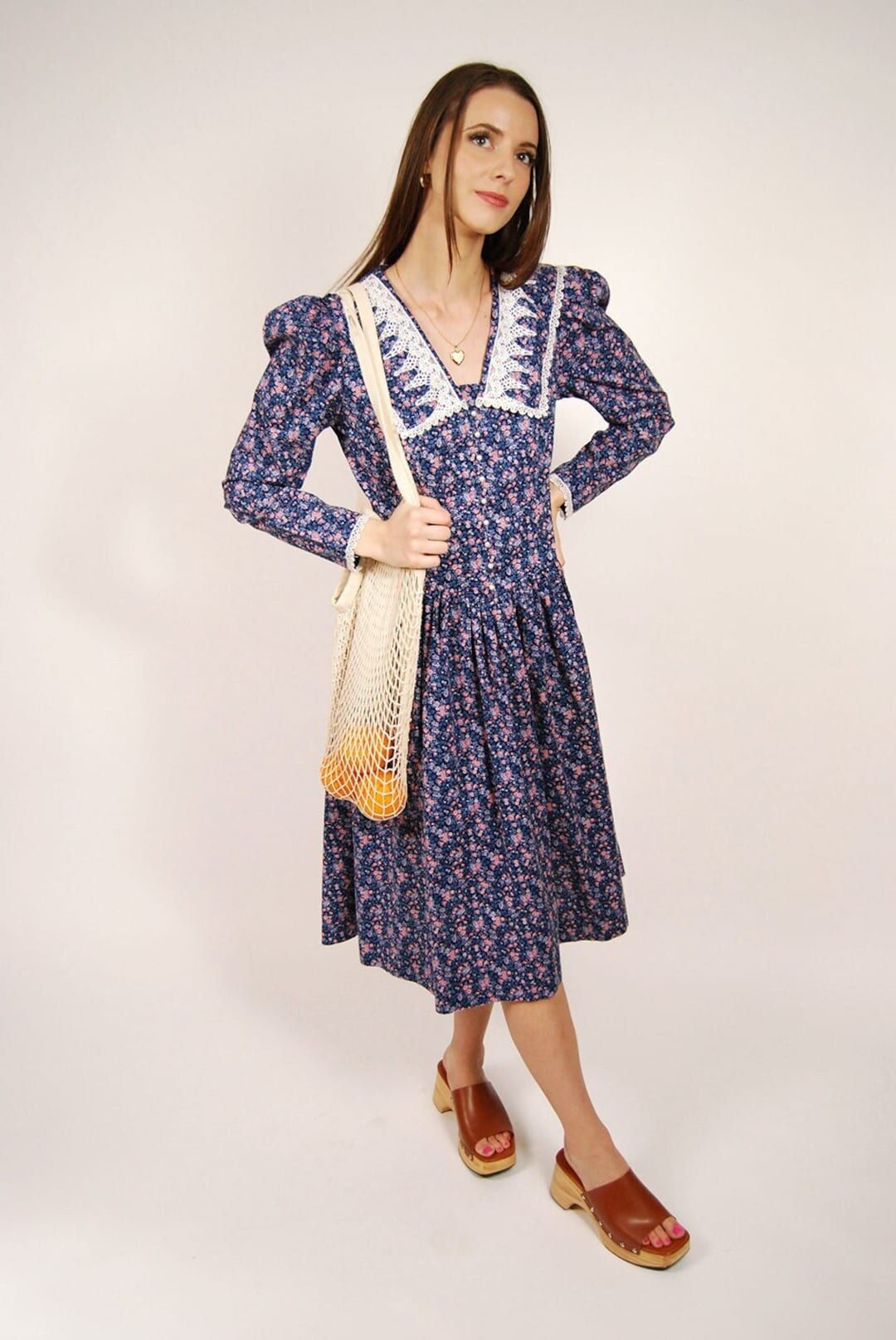80s Prairie Dress (L) Navy Blue Floral Lace Big Collar Tie Back Waist ...