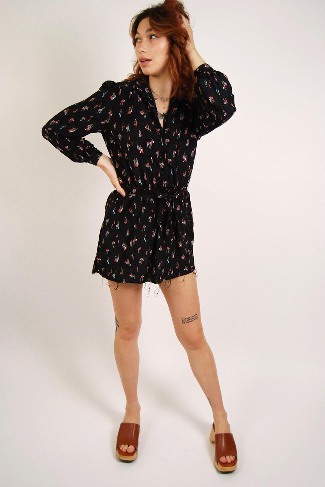 70s Crop Dress (M) Vintage Black Floral Print Cutoff Medium - Etsy