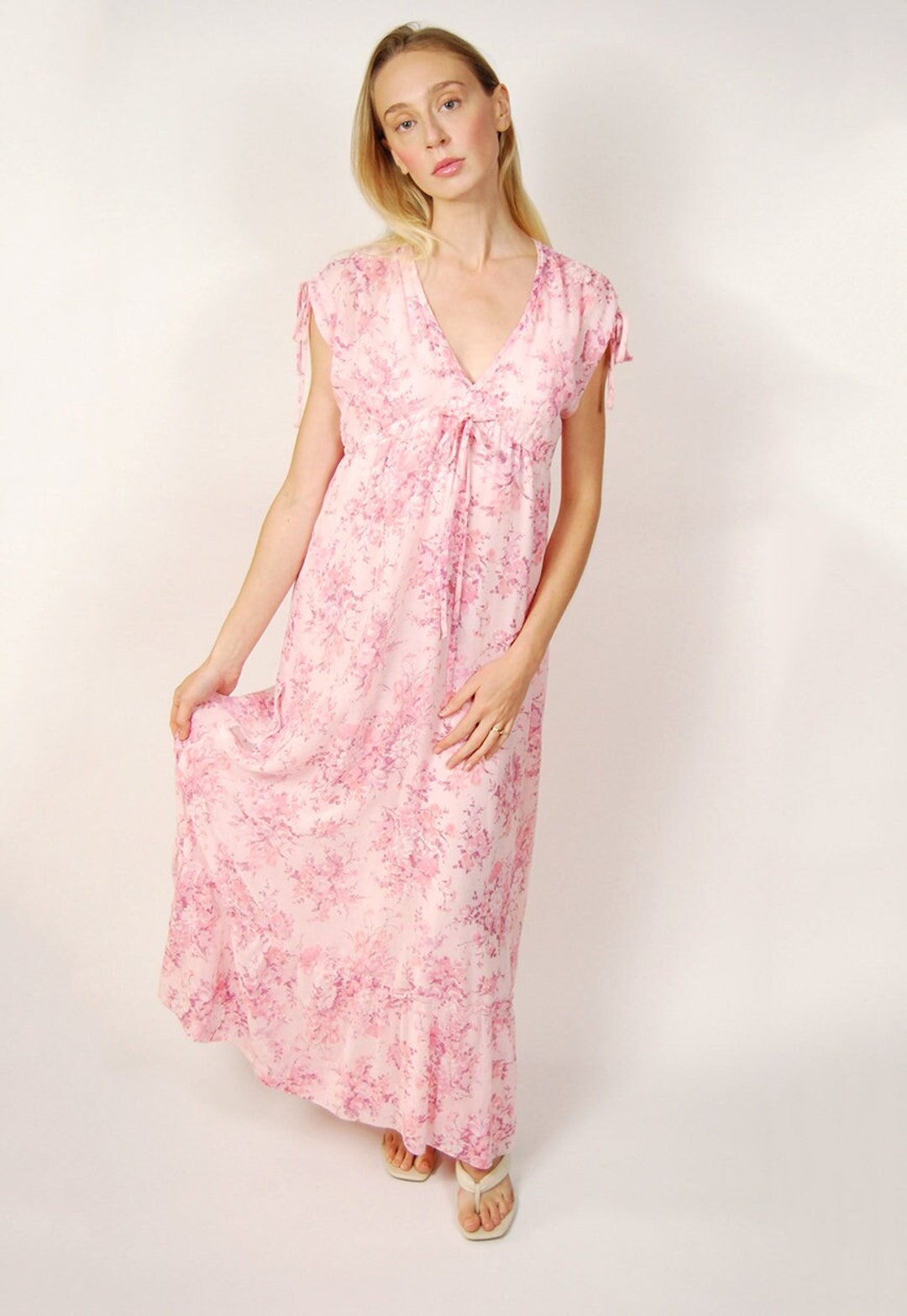 70s Pink Floral Dress 9/10 Maxi Dress Pastel Purple Flowy Vintage ...
