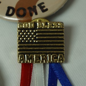 USA 6 Pin Back Buttons, 1 Flag Label Pin and 1 Wooden God Bless America ...