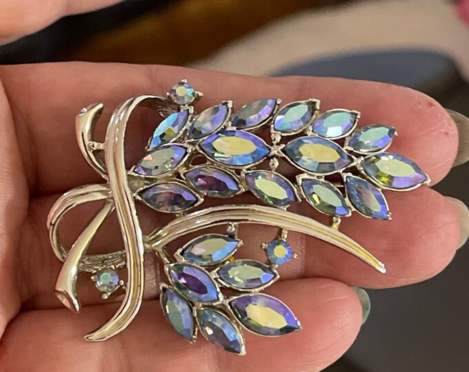 Vintage Coro Signed Blue AB Aurora Borealis Rhinestone Silver Tone ...