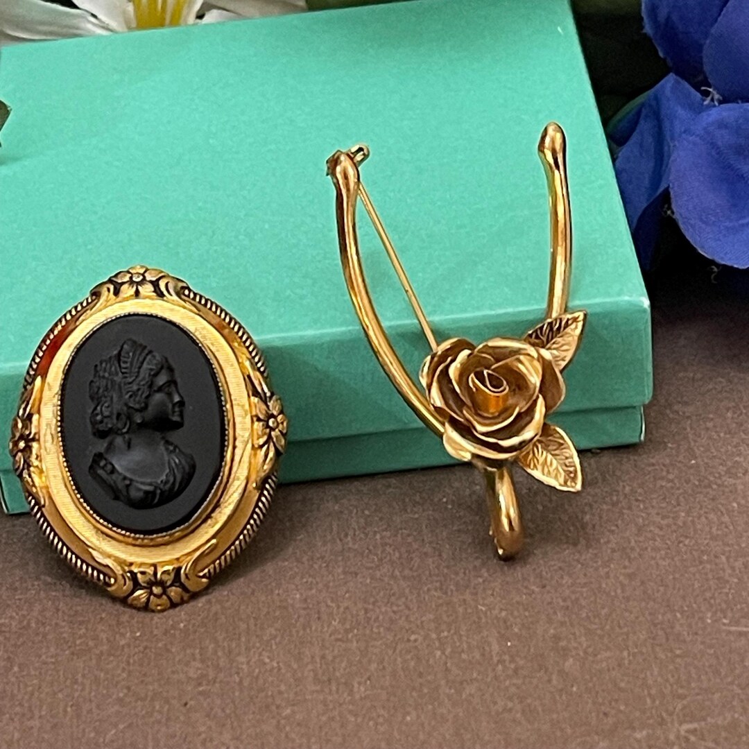 Vintage Coro Black Cameo & Wishbone Brooch Pin Lot - Etsy