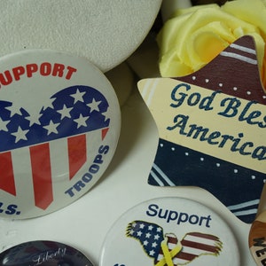 USA 6 Pin Back Buttons, 1 Flag Label Pin and 1 Wooden God Bless America ...