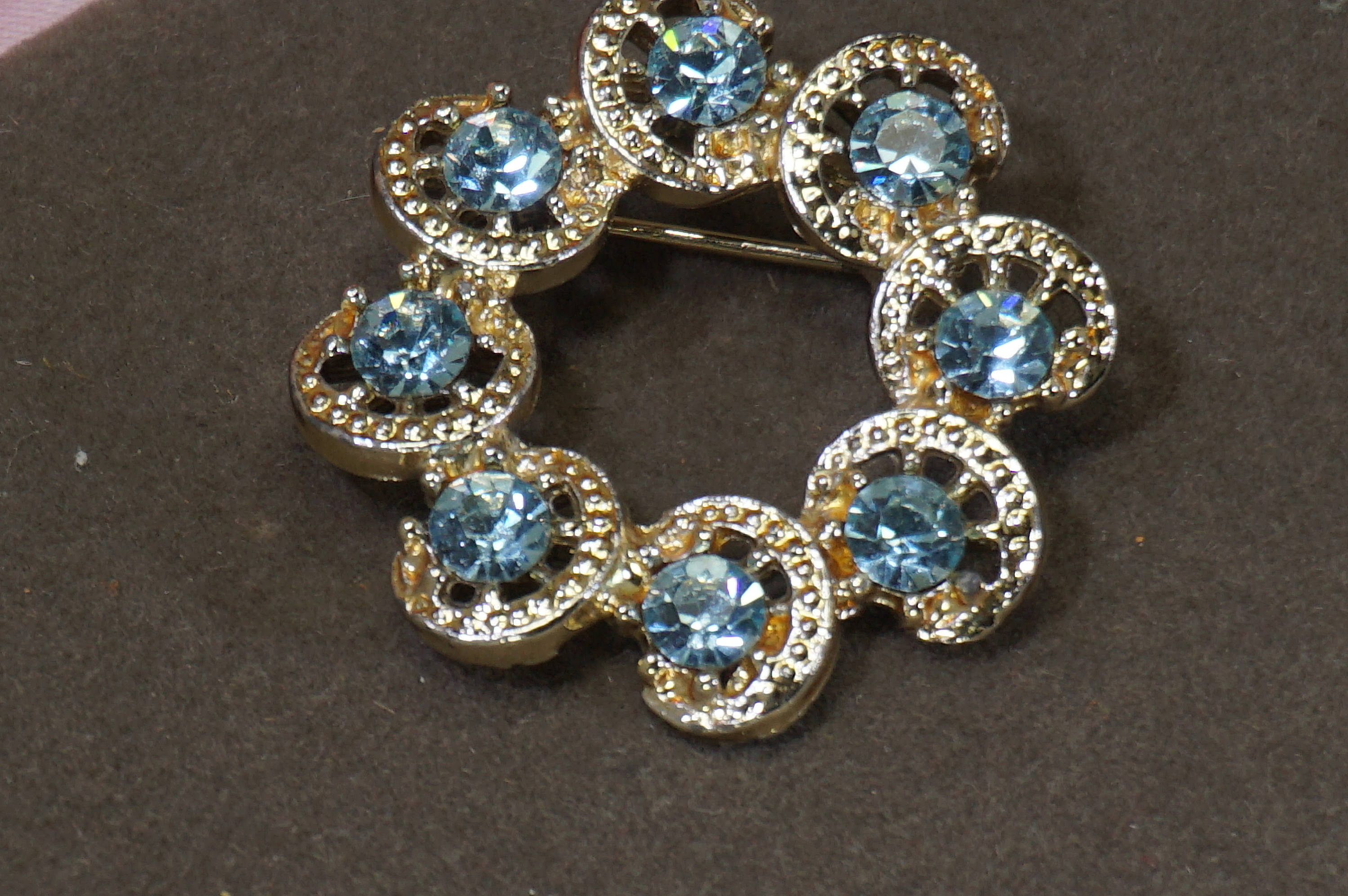 Gold Tone Circle Brooch Pin With Crystal Blue Faceted - Etsy