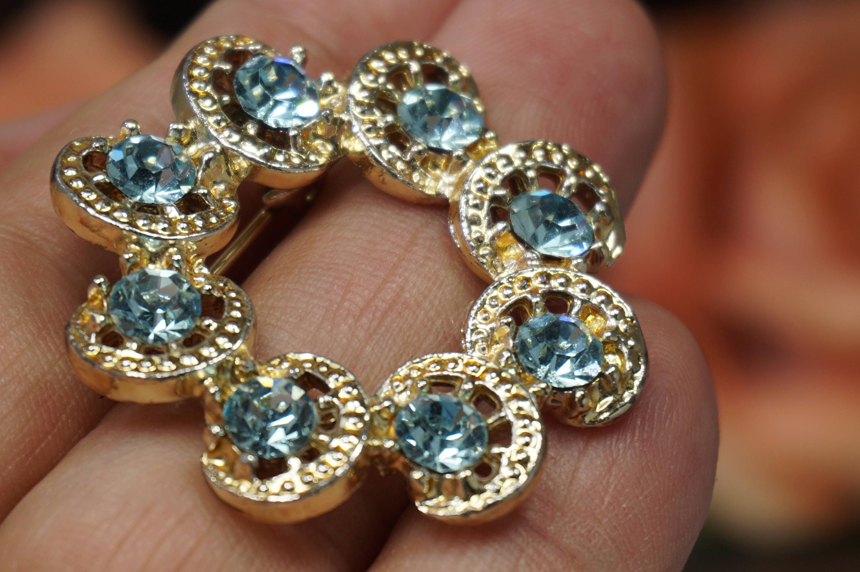 Gold Tone Circle Brooch Pin With Crystal Blue Faceted | Etsy