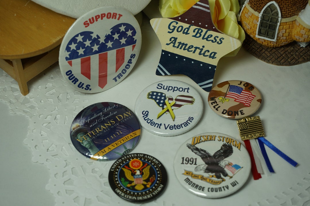 USA 6 Pin Back Buttons, 1 Flag Label Pin and 1 Wooden God Bless America ...